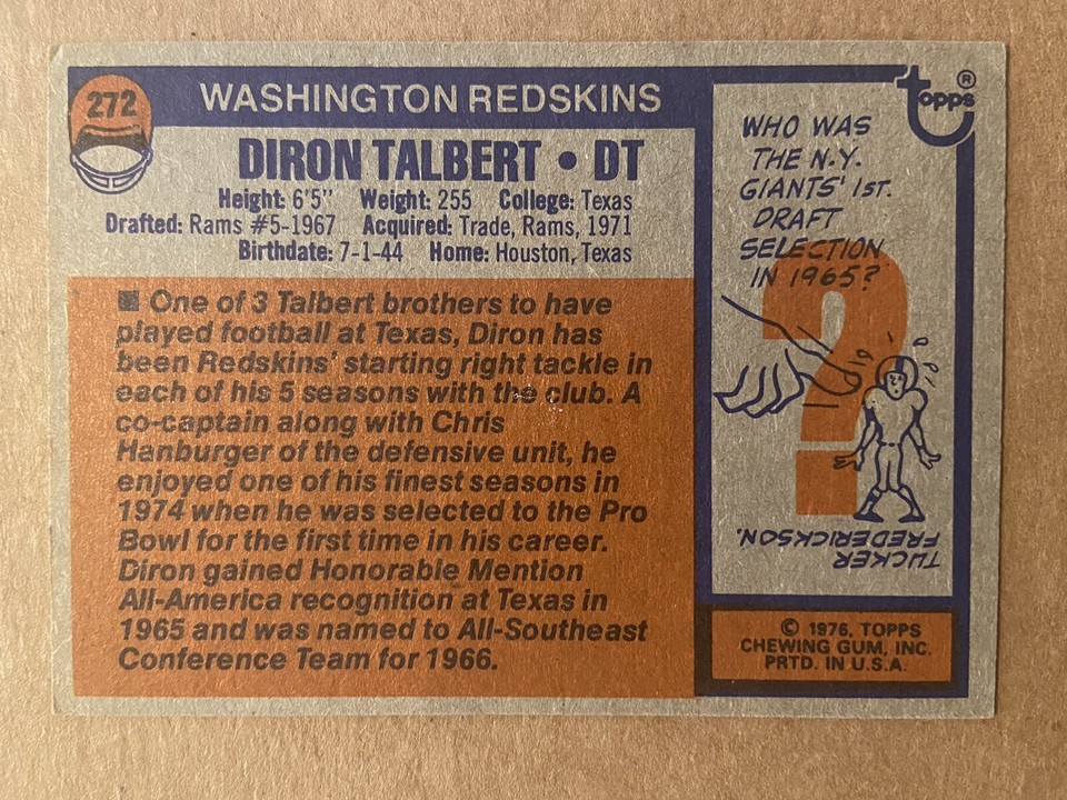 DIRON TALBERT Signed 1976 Topps #272 Redskins Texas Longhorns Autograph ...