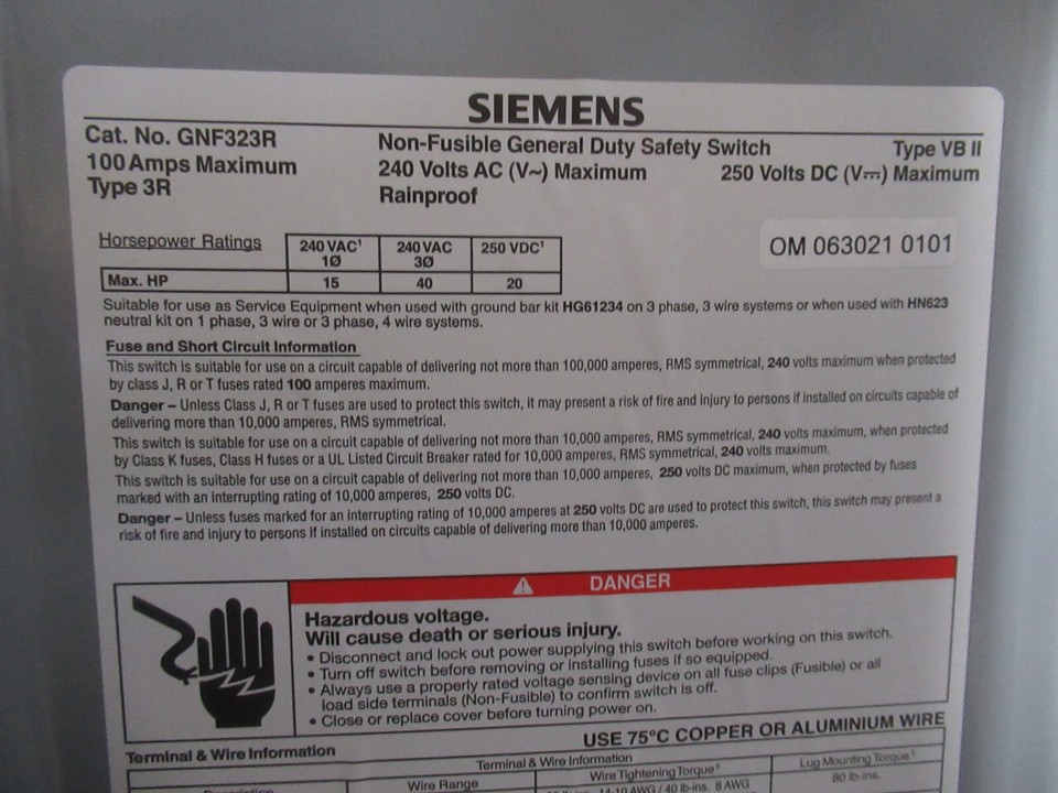 Siemens GNF323R 100 Amp 240 Volt 3P3W Nema 3R Non Fused Disconnect -NEW ...