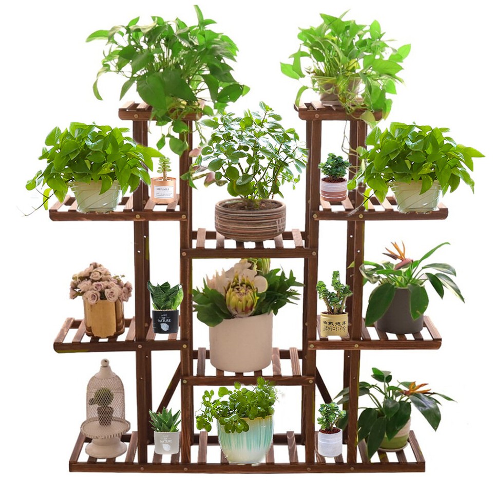Extra Large 11Tier Wood Plant Stand 46" Tall Carbonized 17 Pot Flower ...