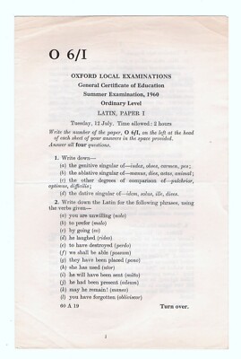 GCE Ordinary Level Exam Paper Latin Paper I Summer 1960 Oxford Board | eBay
