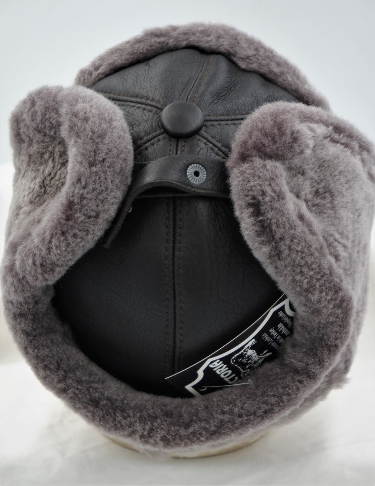 BROWN /GRAY Real Sheepskin Shearling Leather Hat Trapper Ushanka ...