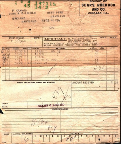 Antique Sears Roebuck Customer Receipt Invoice Record Early 1900's ...