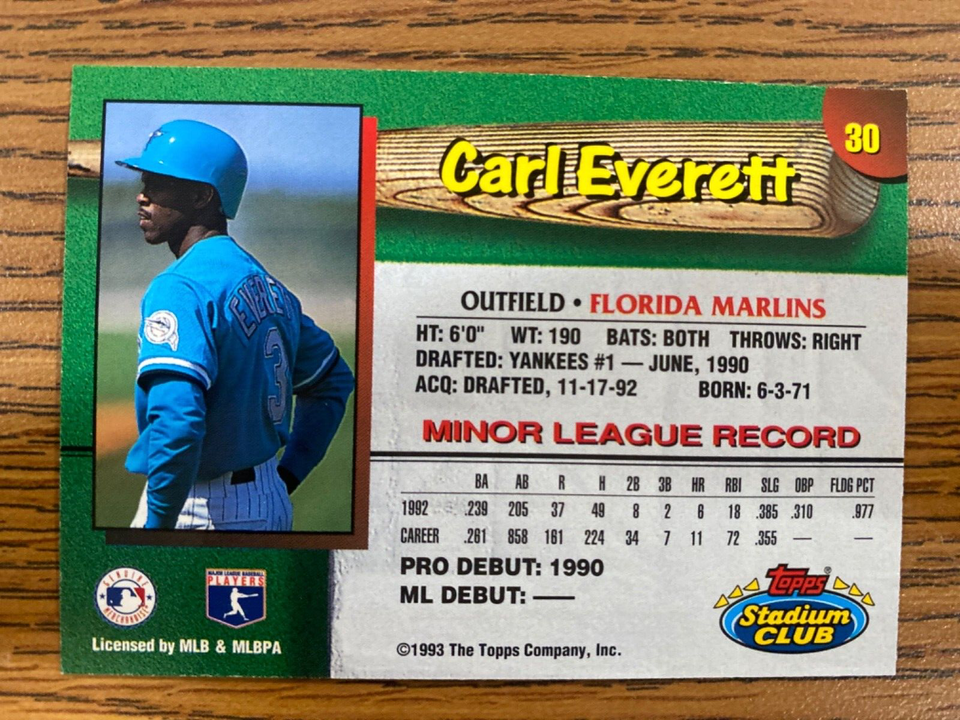 1993 Stadium Club Florida Marlins Carl Everett #30 Florida Marlins ...