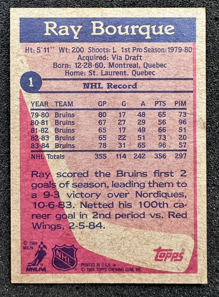 1984-85 Topps Hockey Ray Bourque #1 NMMT | eBay