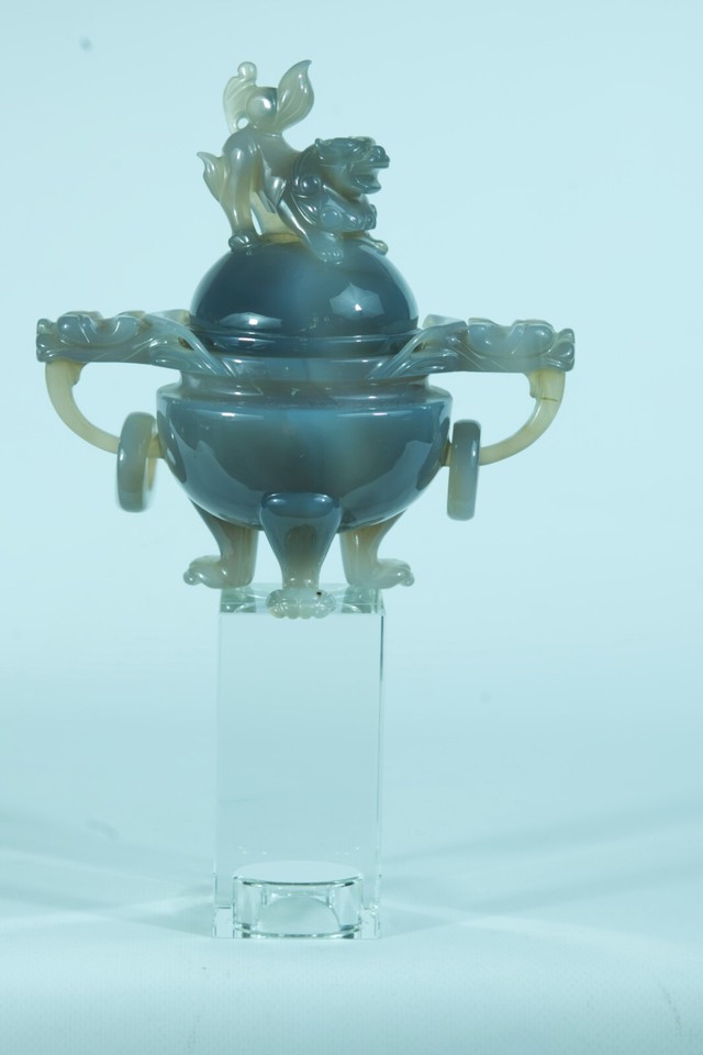 Ancien Brûle parfum tripode en agate de Chien dragon boite couvercle ...