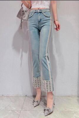 Women's Fashion Pearl Beaded High Waist Denim Straight Jeans Trousers ...