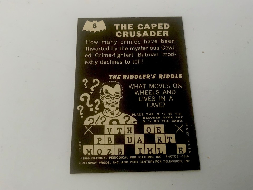 1966 Topps Batman Riddler Back Card # 8 THE CAPED CRUSADER - NEAR MINT ...