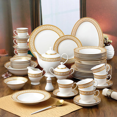 Luxury 57-Pc Gold Greek Key Dinnerware Set for 8 - Elegant Tableware | eBay