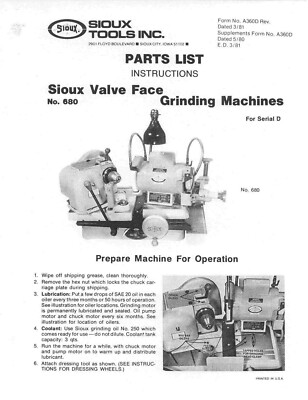 Instruction & Parts Manual Fits Sioux Model 680 Valve Grinder | eBay