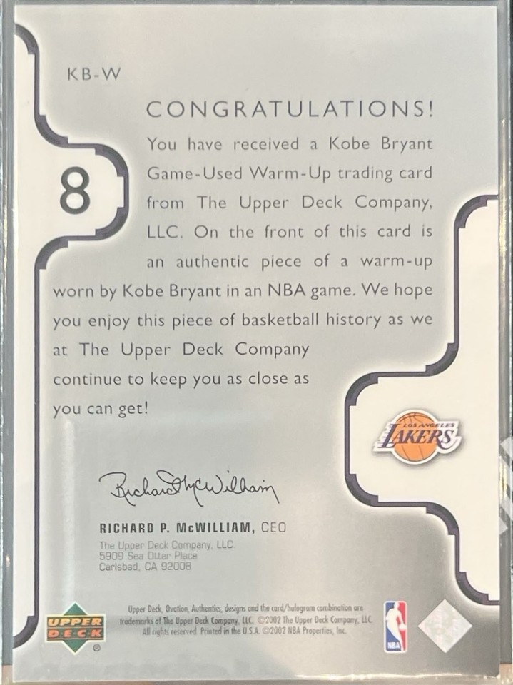 2002-03 Upper Deck Ovation Authentics Warm-Ups #KBW Kobe Bryant JERSEY ...