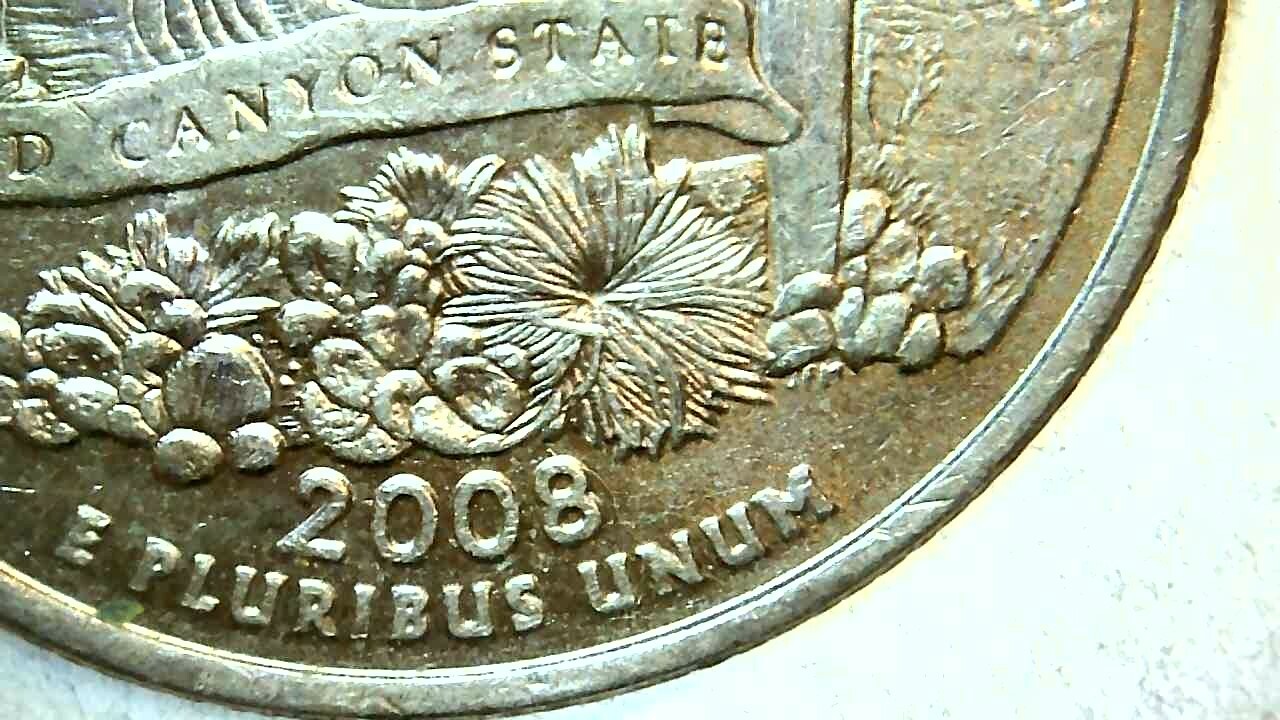 2008 P Arizona Quarter EXTRA CACTUS LEAF die chip over initials ...