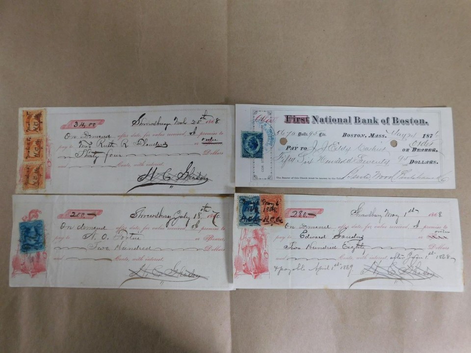 U.S. 4 BANK CHECKS WITH REVENUE STAMPS ATTACHED, 1870`S & 1876 | eBay