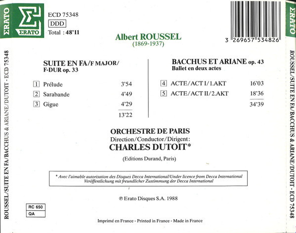 Albert Roussel - Orchestre De Paris Charles Dutoit Bacchus & Ariane ...