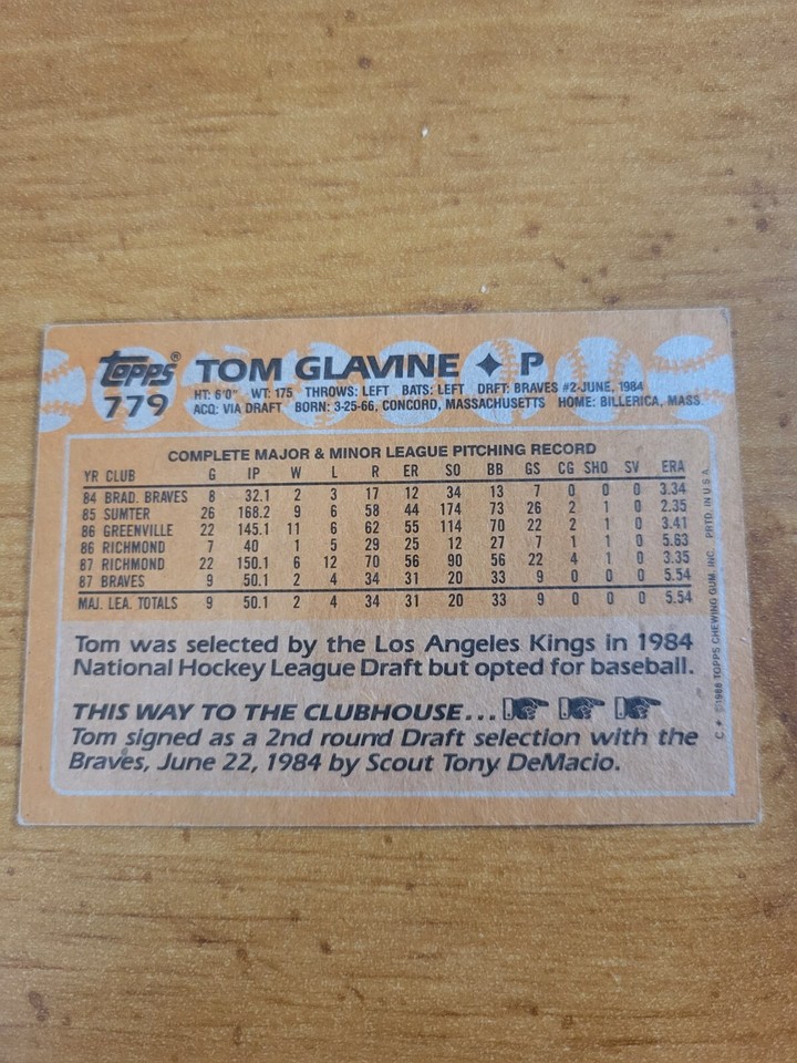 Tom Glavine Atlanta Braves 1988 Topps Baseball Rookie Card RC Card #779 ...