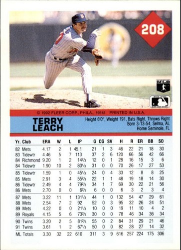 1992 Fleer Minnesota Twins Baseball Card #208 Terry Leach | eBay
