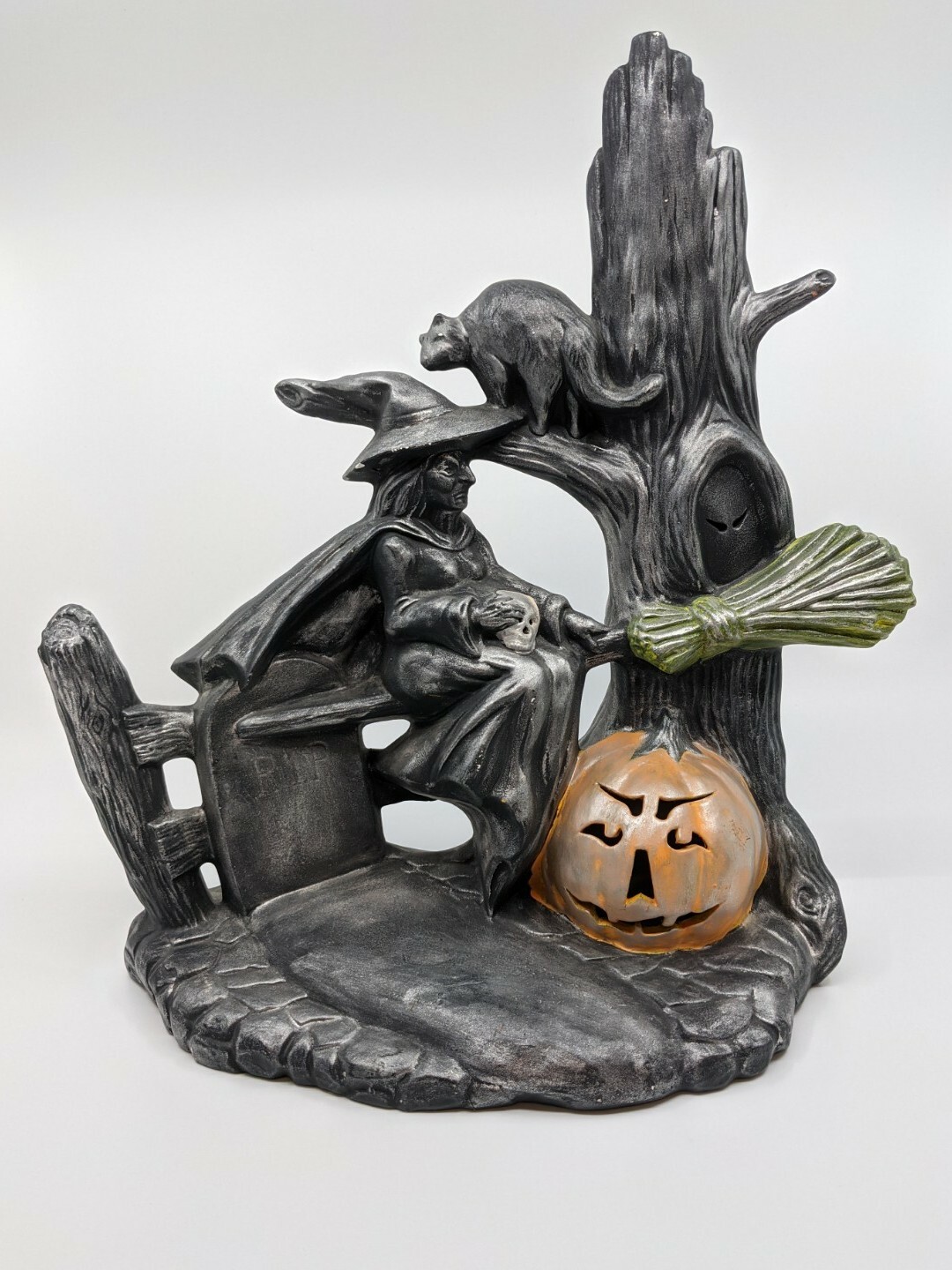 Vintage Ceramic Figurine Mold Witch On Broom Pumpkin Cat Halloween ...