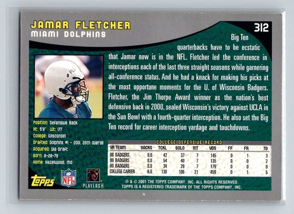 2001 Topps Rookie RC #312 Jamar Fletcher Miami Dolphins Football Card ...
