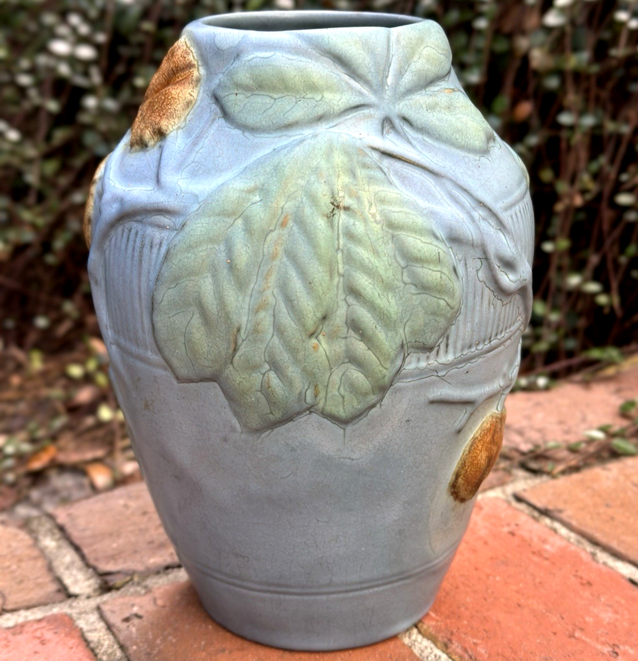 WELLER POTTERY RARE FRU RUSSET BUCK EYE MOLD 8.5" VASE WITH EARLY MARK ...