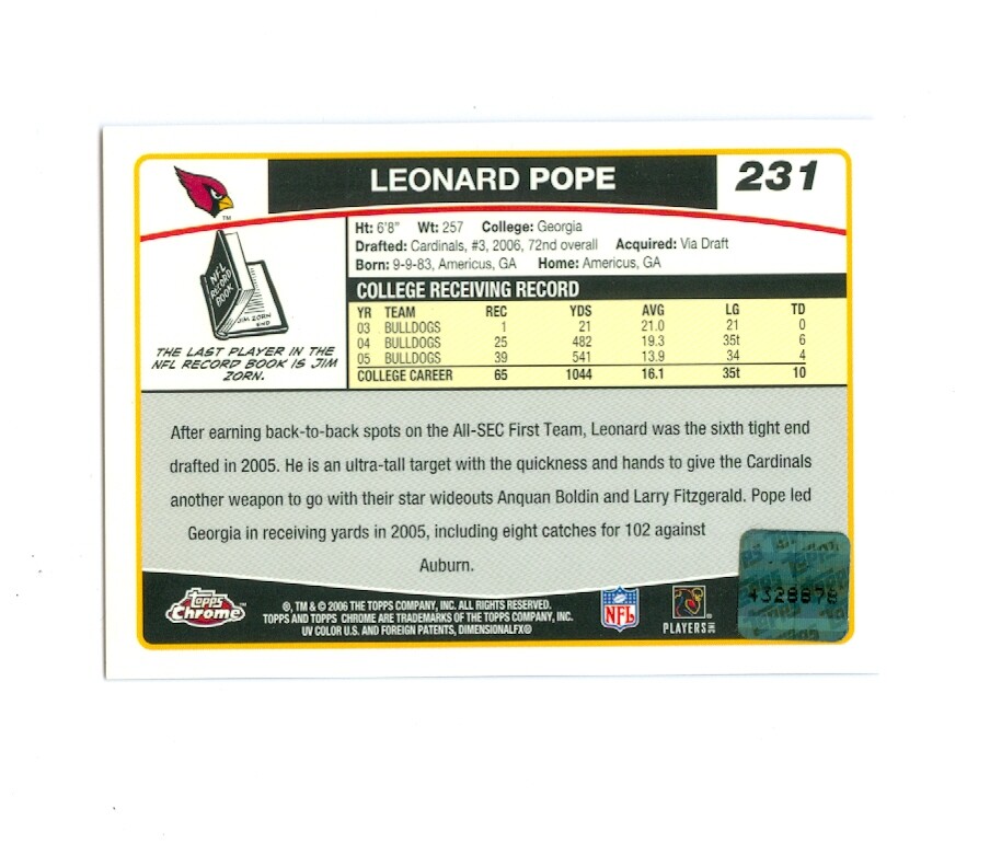Leonard Pope signed autographed 2006 Topps Chrome Rookie Football Card ...