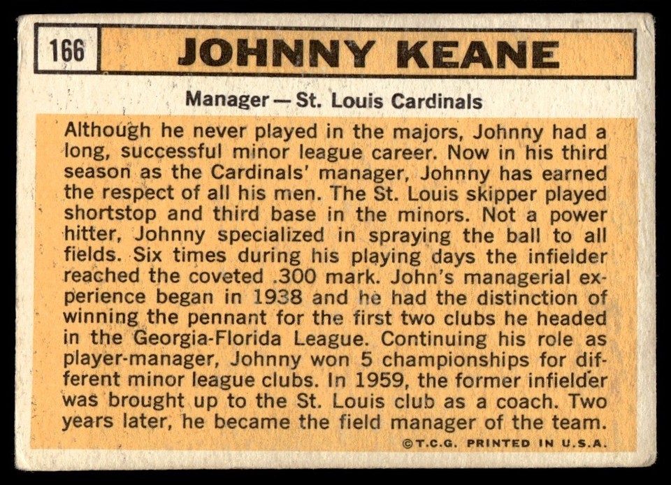 1963 Topps Baseball Johnny Keane St. Louis Cardinals #166 G-VG | eBay