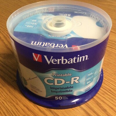 50 VERBATIM Printable CD-R 52X 700MB 80 Min. Compact Discs New Sealed ...