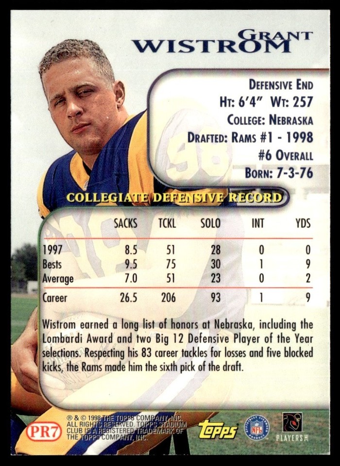 1998 Topps Stadium Club Prime Rookies Grant Wistrom Rookie St. Louis ...