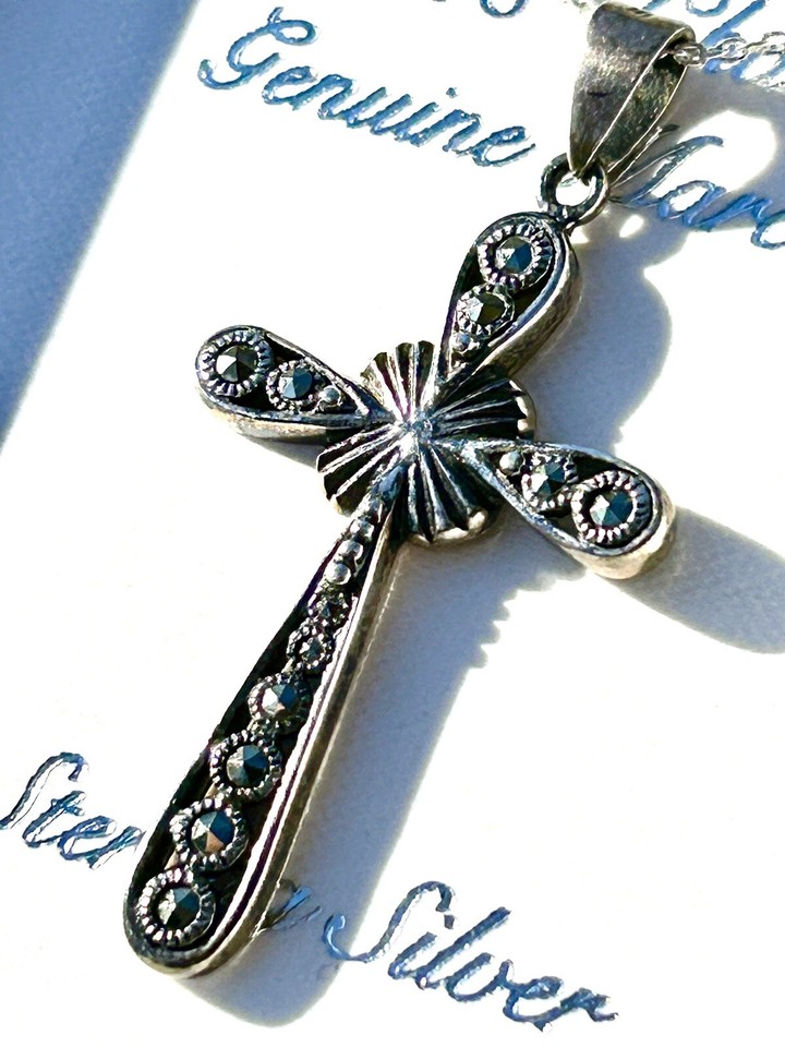 Sterling Silver Marcasite Cross Necklace Vintage Religious Jewelry New ...