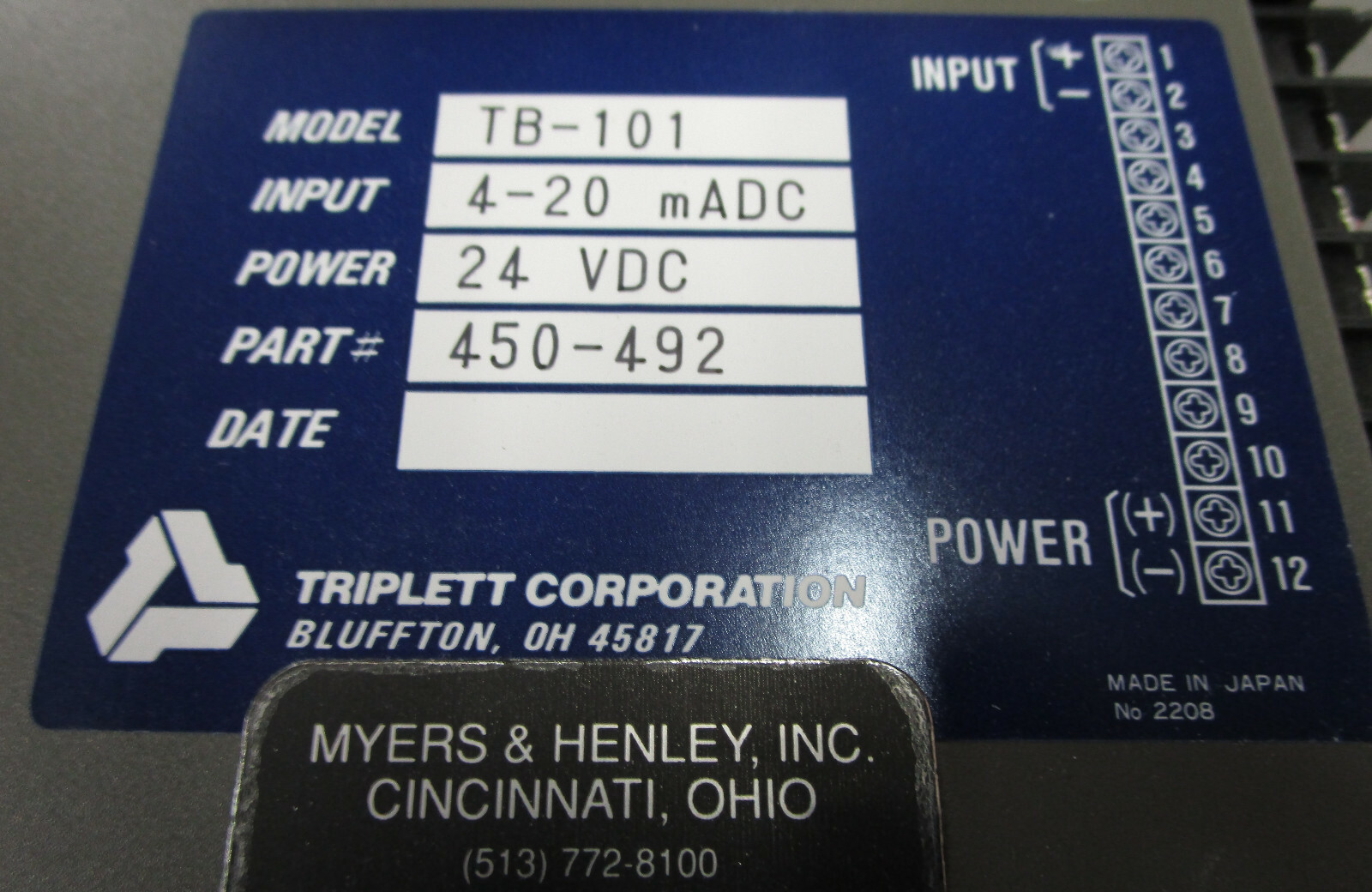 Triplett Corp Model TB-101 Part No. 450-492 Input 4-20 mADC Power 24VDC ...