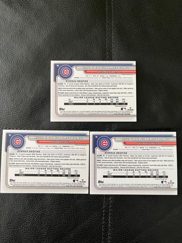 Pete Crow Armstrong "PCA" Rookie 3 Card Lot - 2024 Bowman Cubs Star | eBay