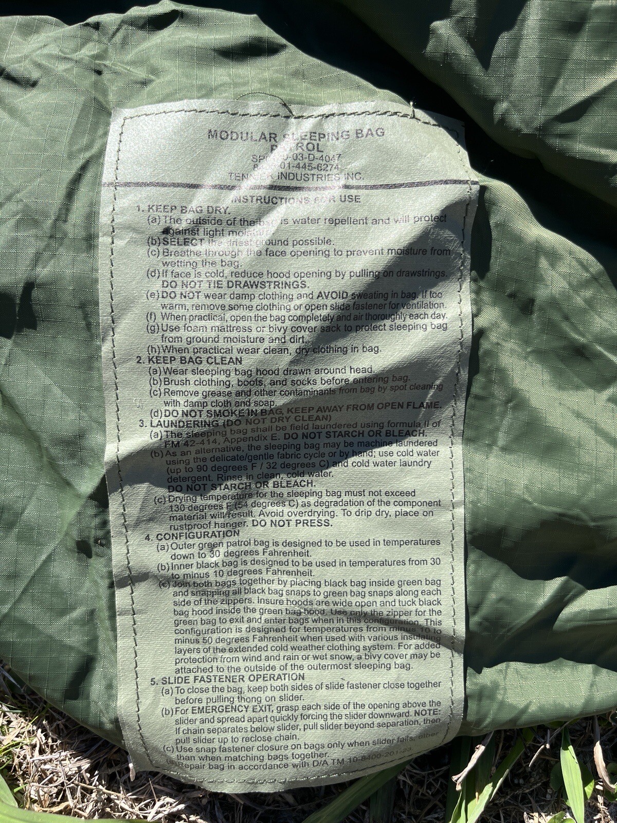 USGI Patrol Sleeping Bag OD Green MSS ECWCS by Tennier Industries ...