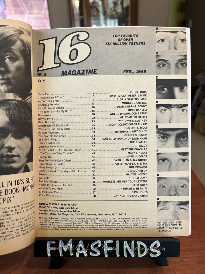 J3 Feb 1968 DAVY JONES DINO JR SIXTEEN Magazine Vintage 16 MONKEES | eBay