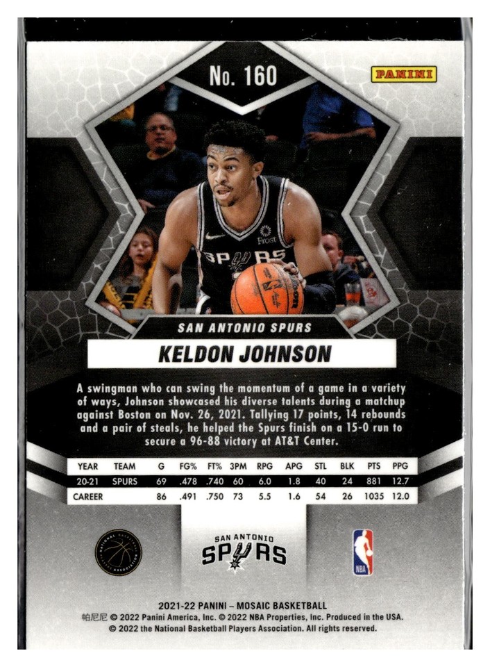 2021 Panini Mosaic #160 Keldon Johnson San Antonio Spurs Basketball ...