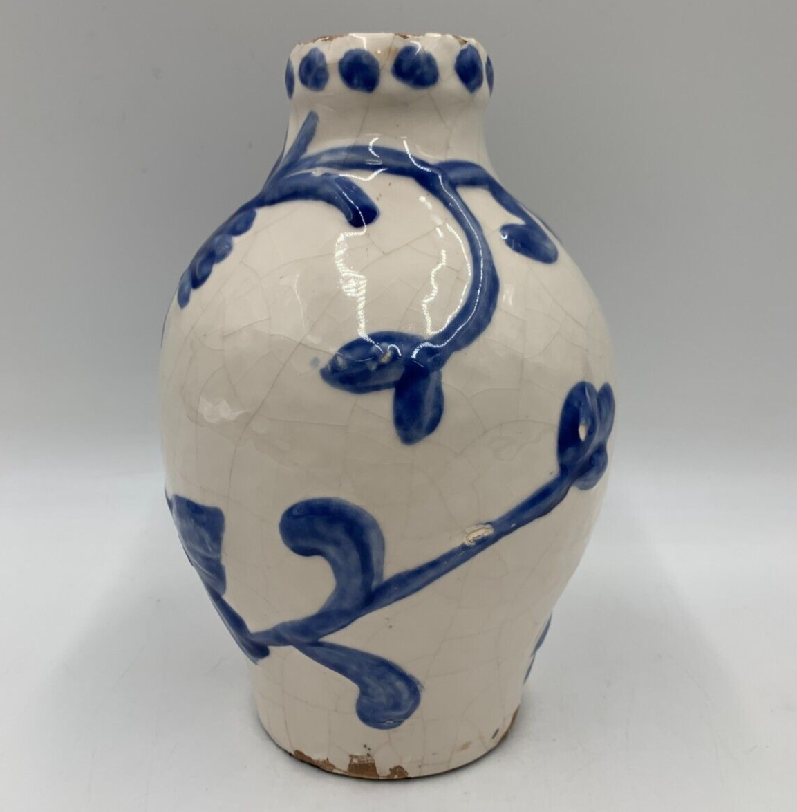 Pottery Barn Montrose Terracotta Crackle Glaze Bud Vase Blue White 8" H ...