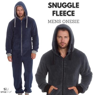 Mens Snuggle Warm Soft Fleece Hooded Zip 1Onesie All In One Jumpsuit ...