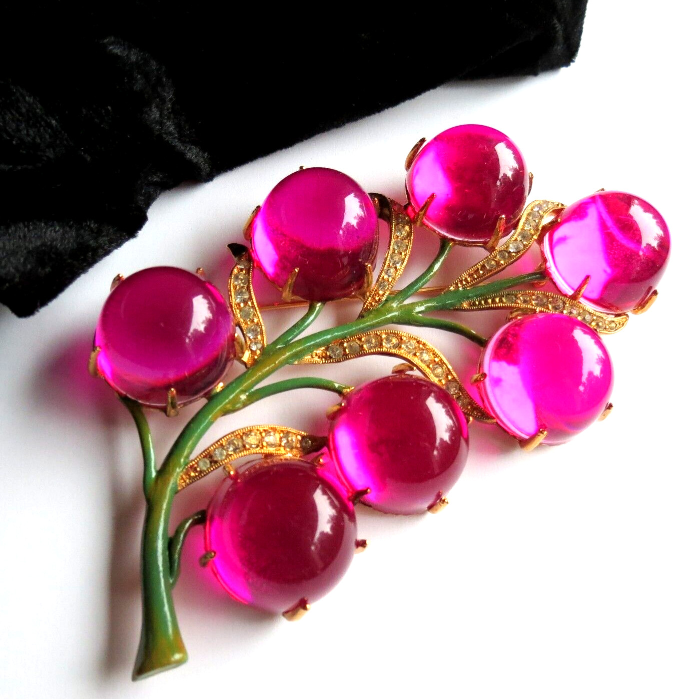 RARE - Coro Signed Enamel Rhinestones Cabochon Pink F… - Gem