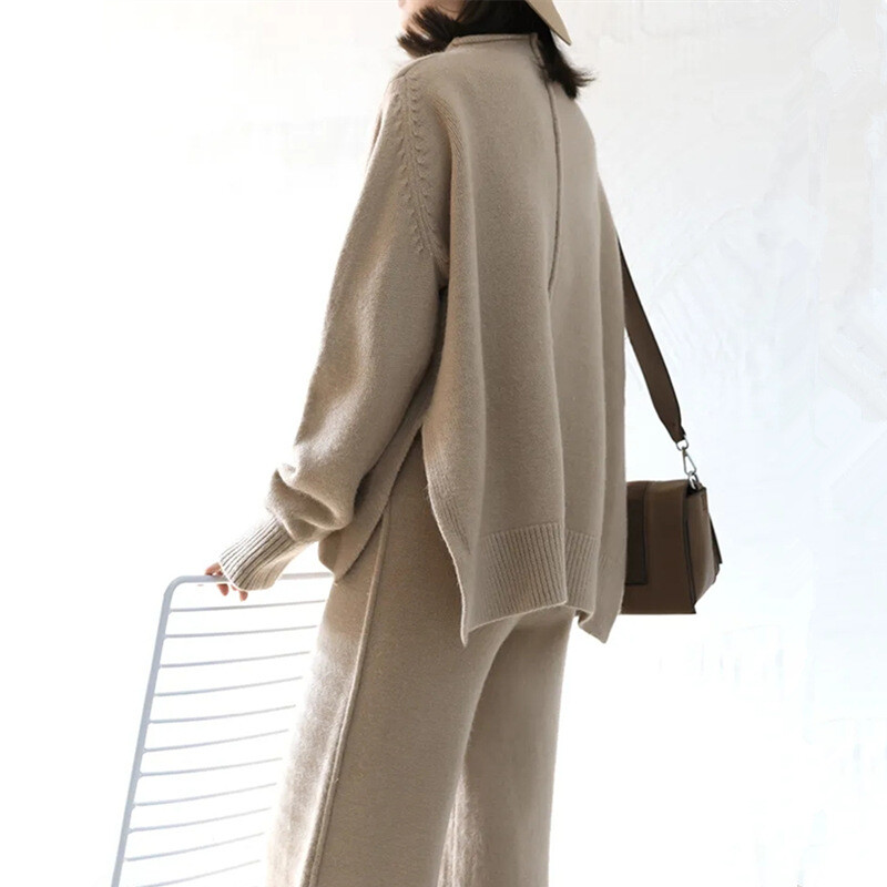 Women 2Pcs Suit Jumper Winter Warm Sweater Knit Pants Set Wide Leg ...