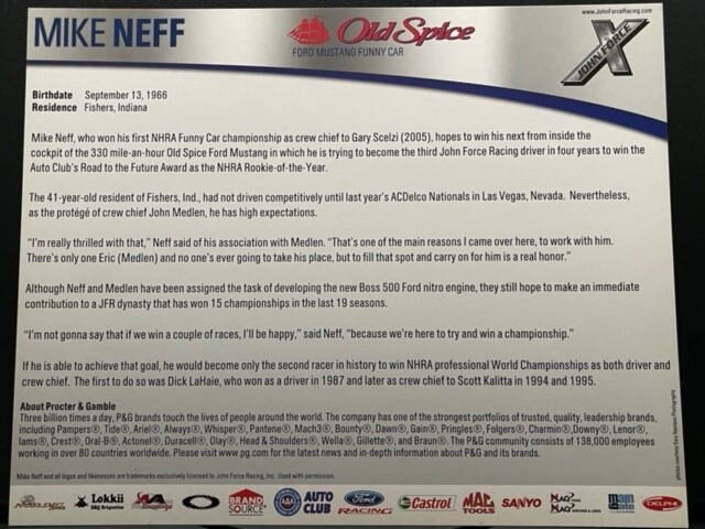 VRHTF NHRA AWESOME MIKE NEFF OLD SPICE JOHN FORCE NITRO FUNNY CAR HAND ...