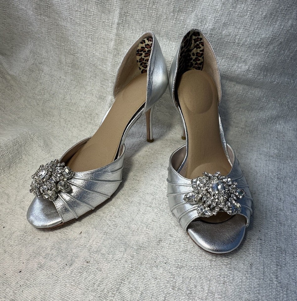 GLINT Womens Silver Leather Peep Toe Rhinestone High Heel Shoe Sz 8M ...