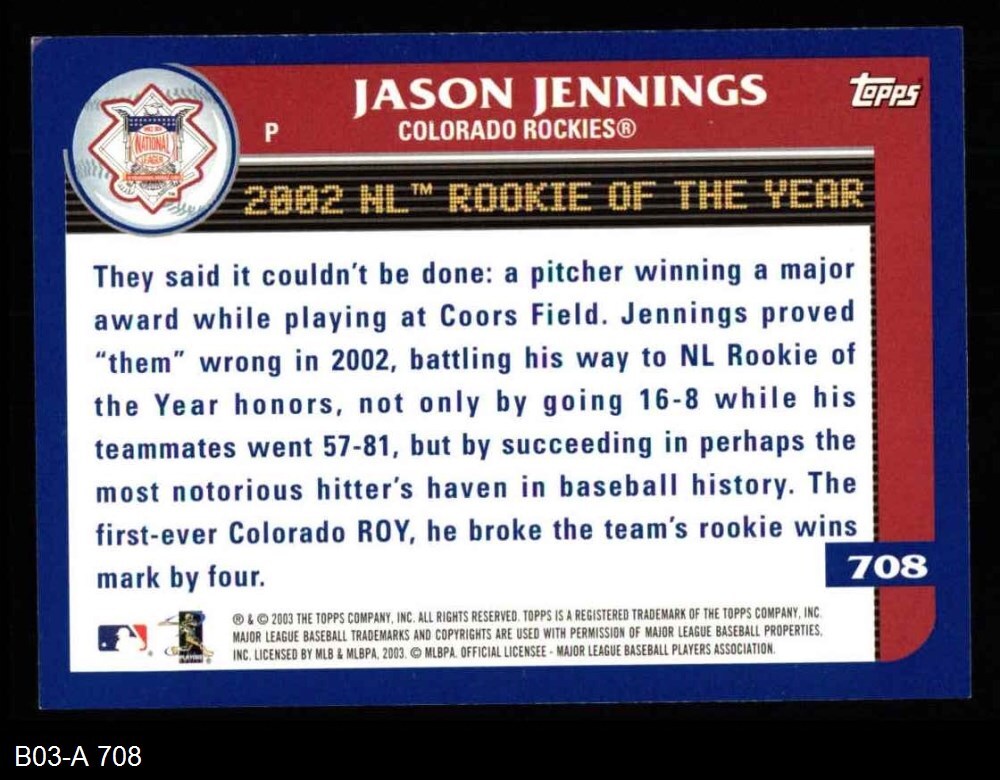 2003 Topps - Award Winner #708 Jason Jennings for sale online | eBay