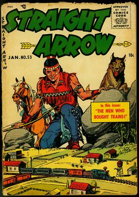 Straight Arrow #53 1956- Fred Meagher-Lionel train set cover- western G ...