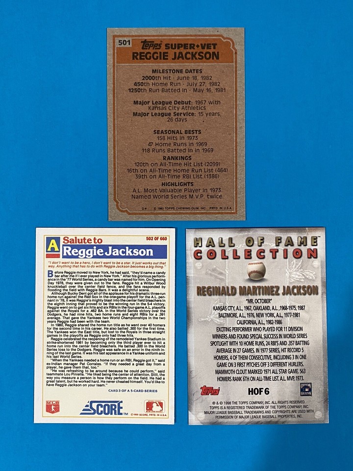 Reggie Jackson 3 card lot- 1983 Topps #501 1988 Score #502 1998 Topps ...