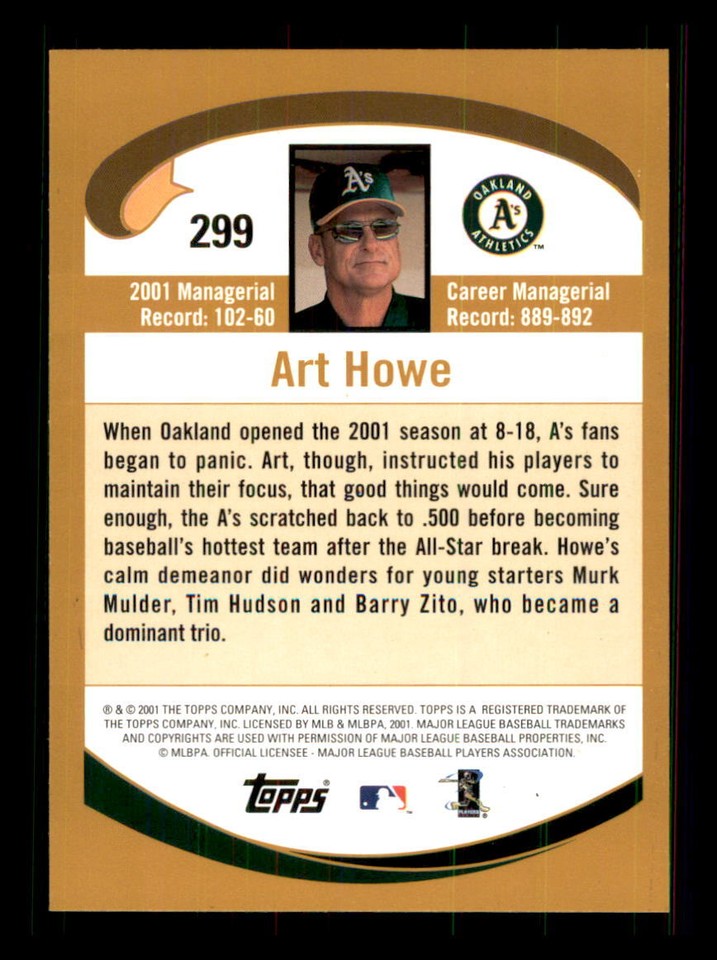 2002 Baseball Topps Art Howe Oakland Athletics #299 MGR | eBay