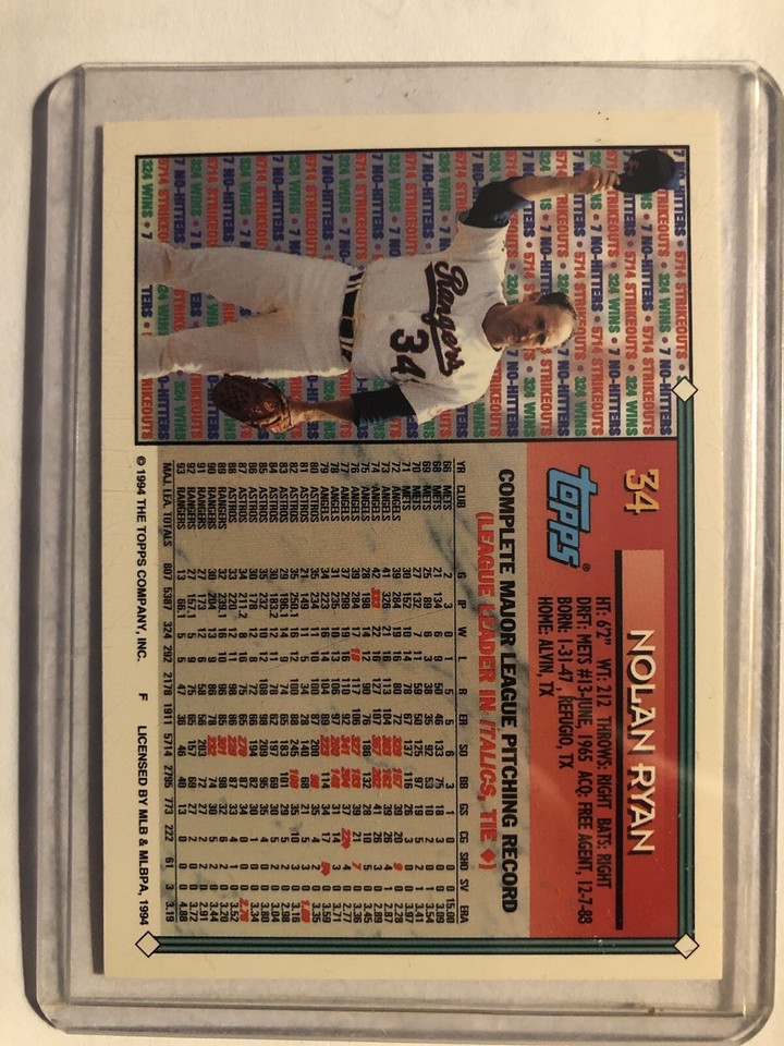 1994 Topps- Nolan Ryan (#34) Rangers N.M. | eBay