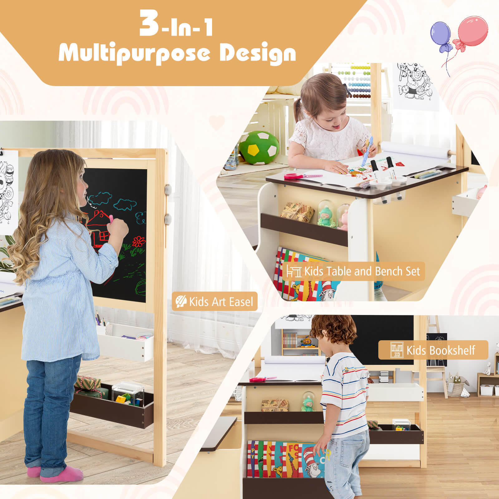 Kids Art Desk Easel & Bench Set w/ Storage Adjustable Double-Sided ...