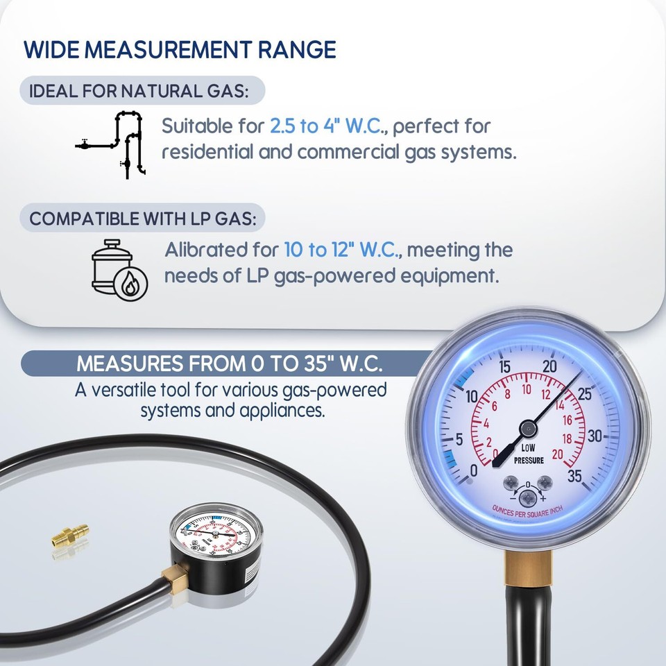 Gas Pressure Test Kit Natural or LP Gas for Measureman 0-35" W.C. 1/4 ...