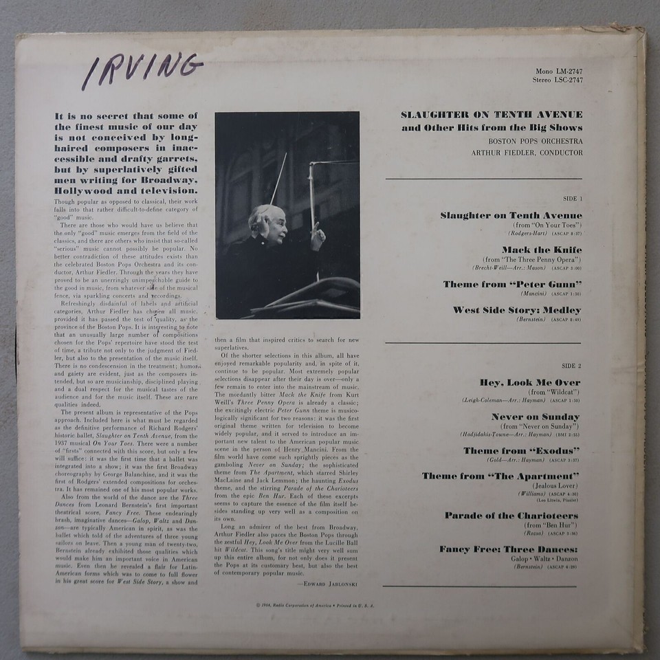 BOSTON POPS/ARTHUR FIEDLER SLAUGHTER ON TENTH AVENUE VINYL LP RCA VG 88 ...