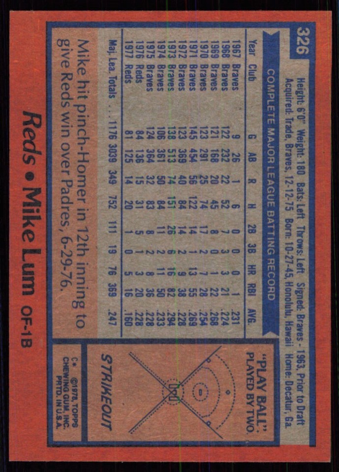 1978 Topps Mike Lum Cincinnati Reds #326 | eBay