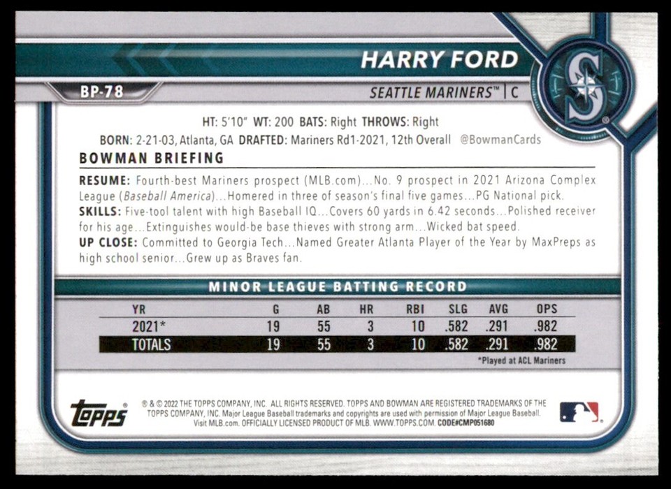 Harry Ford 2022 Bowman Prospects Rookie Card #BP-78 Seattle Mariners | eBay
