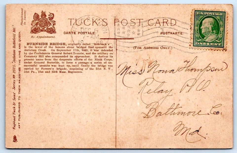 1909 TUCK'S ANTIETAM BATTLEFIELD MARYLAND BURNSIDE BRIDGE SERIES 2575 POSTCARD | eBay