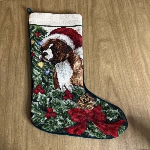 Vintage Needlepoint Christmas Stocking Boxer Dog Green Velvet Back 17 ...